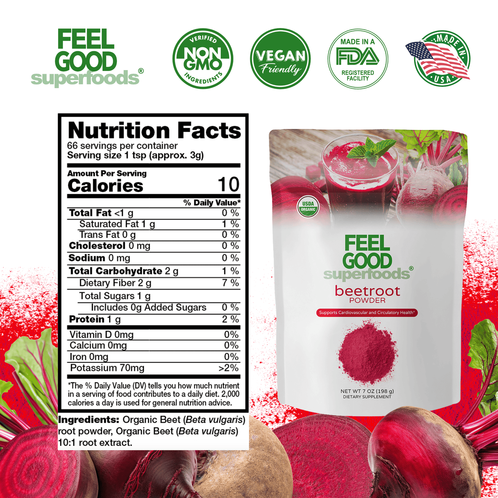 Fortified Beetroot Powder (7 oz) - USDA Certified Organic